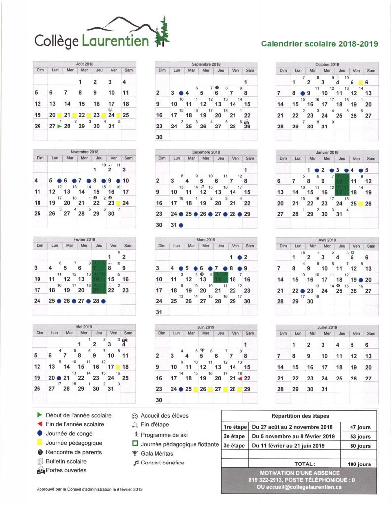 Calendrier scolaire – Collège Laurentien